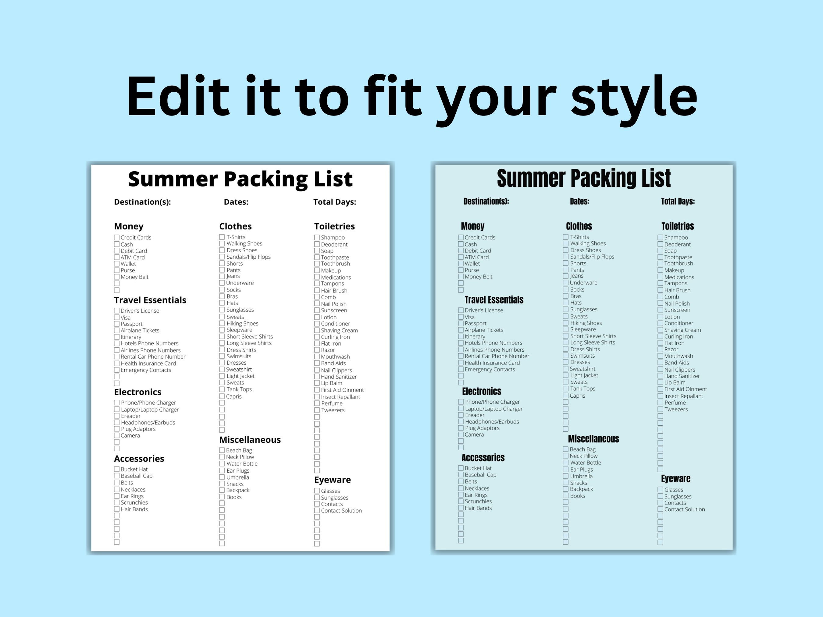 Printable Packing List - Packing List - Printable - Editable - Summer ...