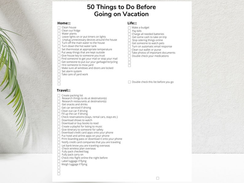 Travel Checklist - Vacation Checklist - Printable Checklist - Digital ...