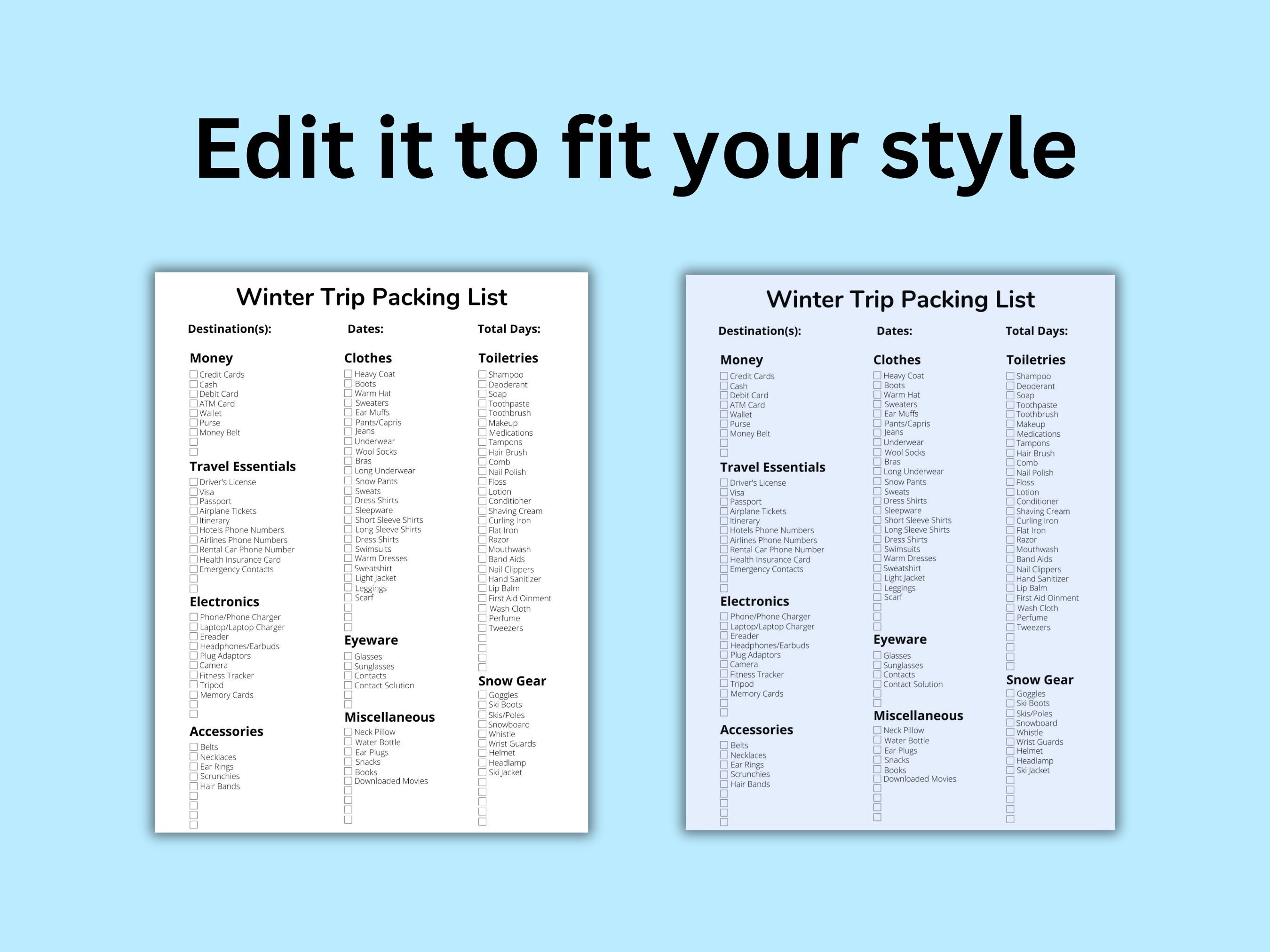 Printable Packing List - Trip Packing List - Travel Printable ...