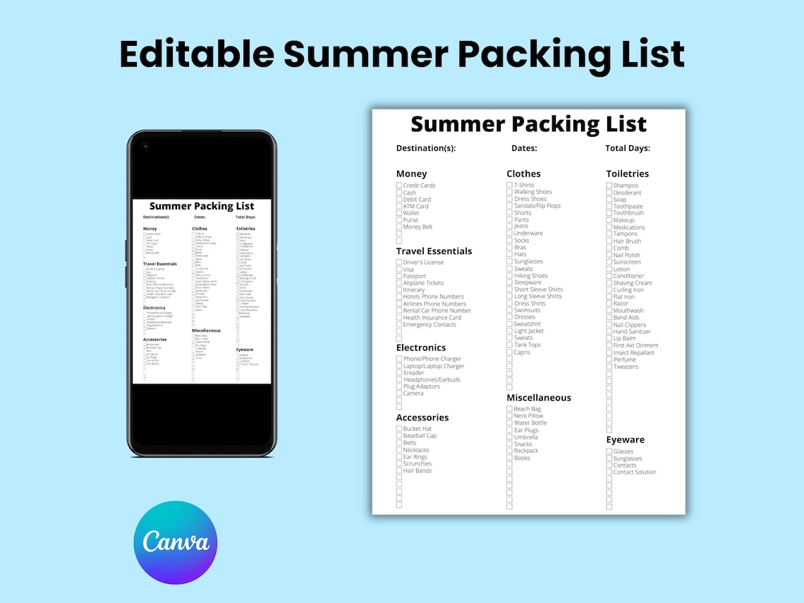 Printable Packing List - Packing List - Printable - Editable - Summer ...