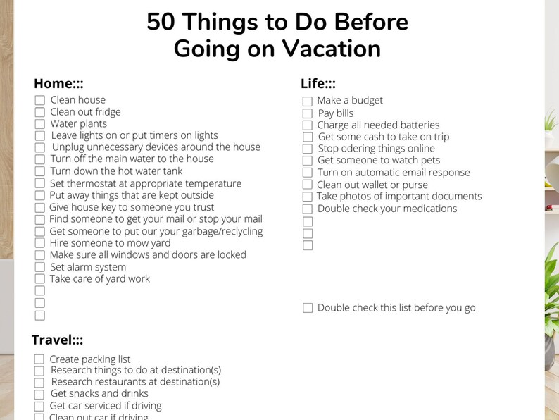 Travel Checklist - Vacation Checklist - Printable Checklist - Digital ...