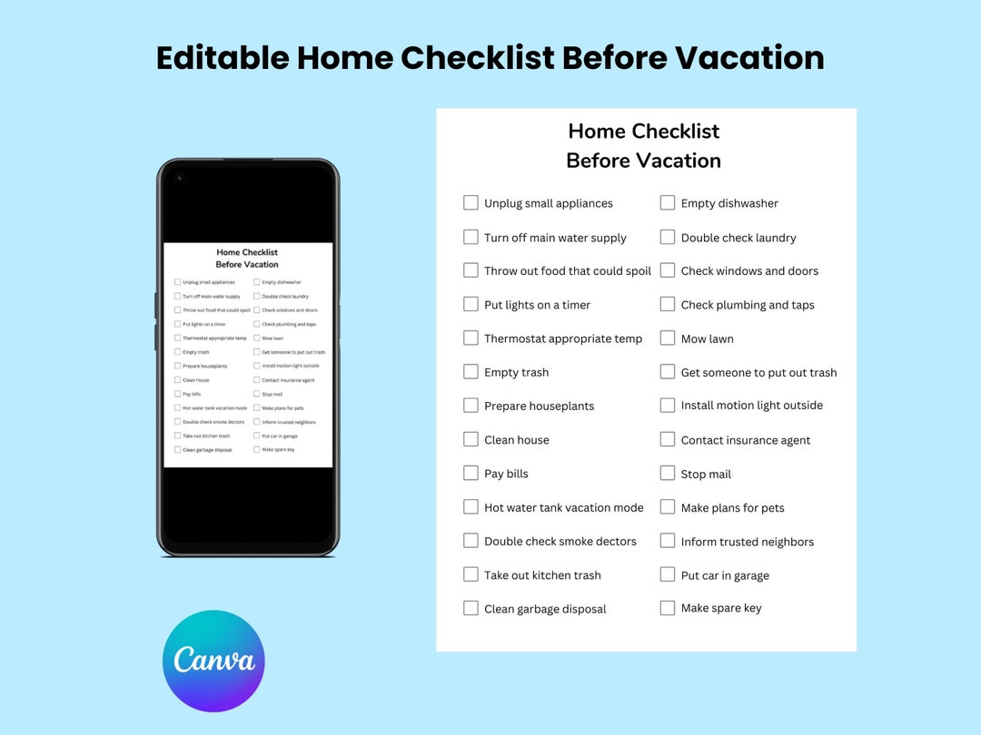Home Trip Checklist, Home Vacation Checklist, Checklist, Printable Home Cheklist, Printable Trip ...