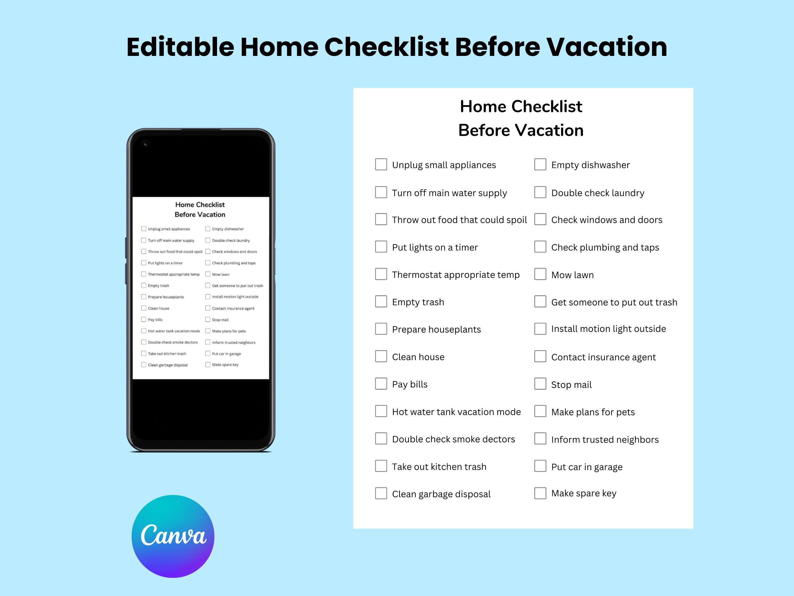 Home Trip Checklist, Home Vacation Checklist, Checklist, Printable Home ...