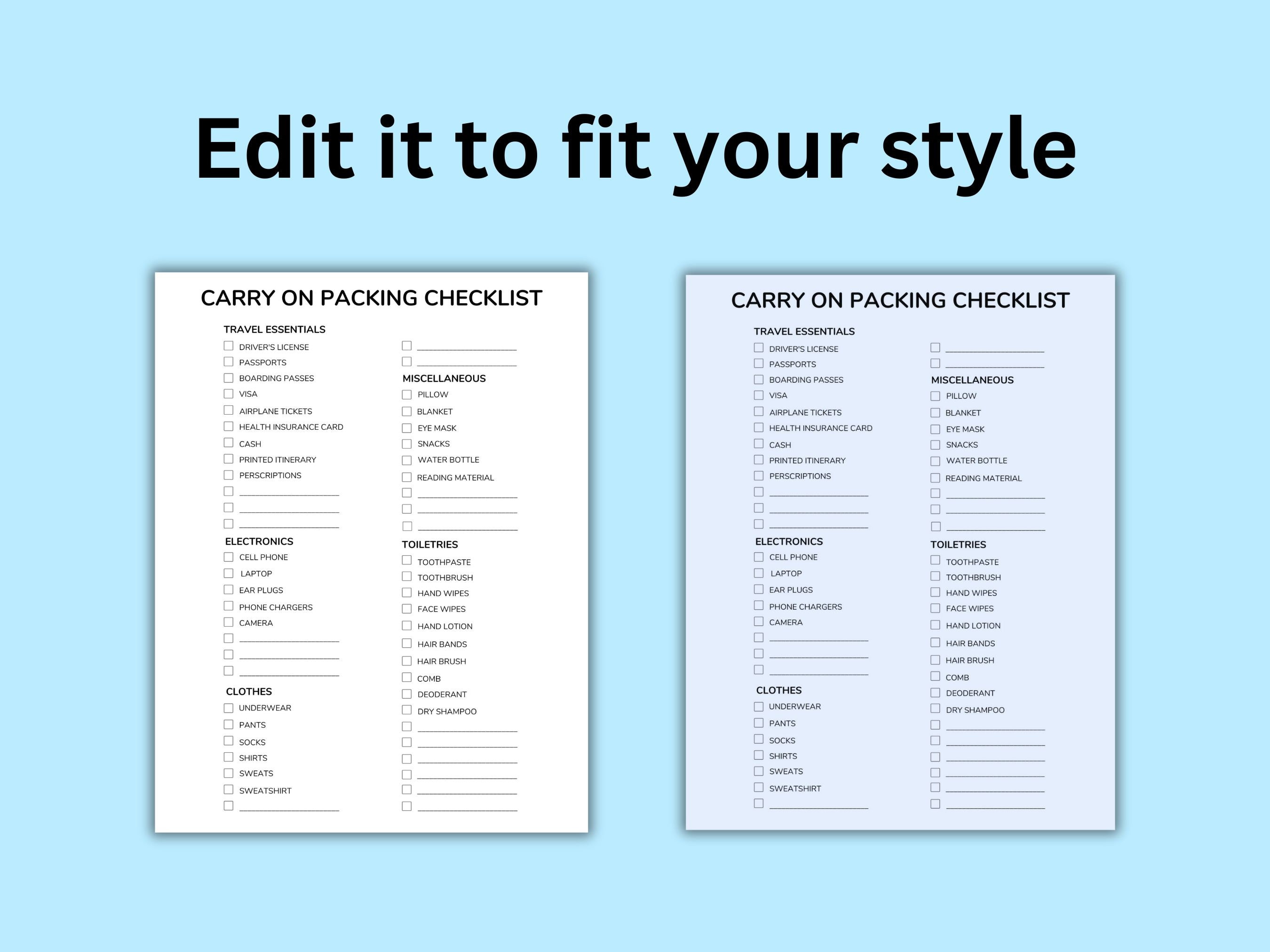 Printable Packing List - Packing List - Carry on Printable List - Carry ...