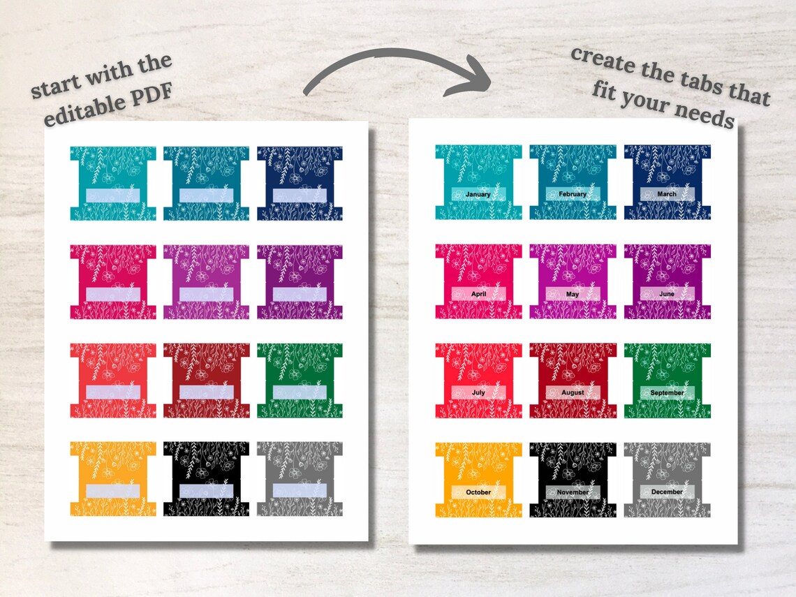 PRINTABLE Planner Tabs, EDITABLE Planner Tabs, Divider Tabs, Floral ...