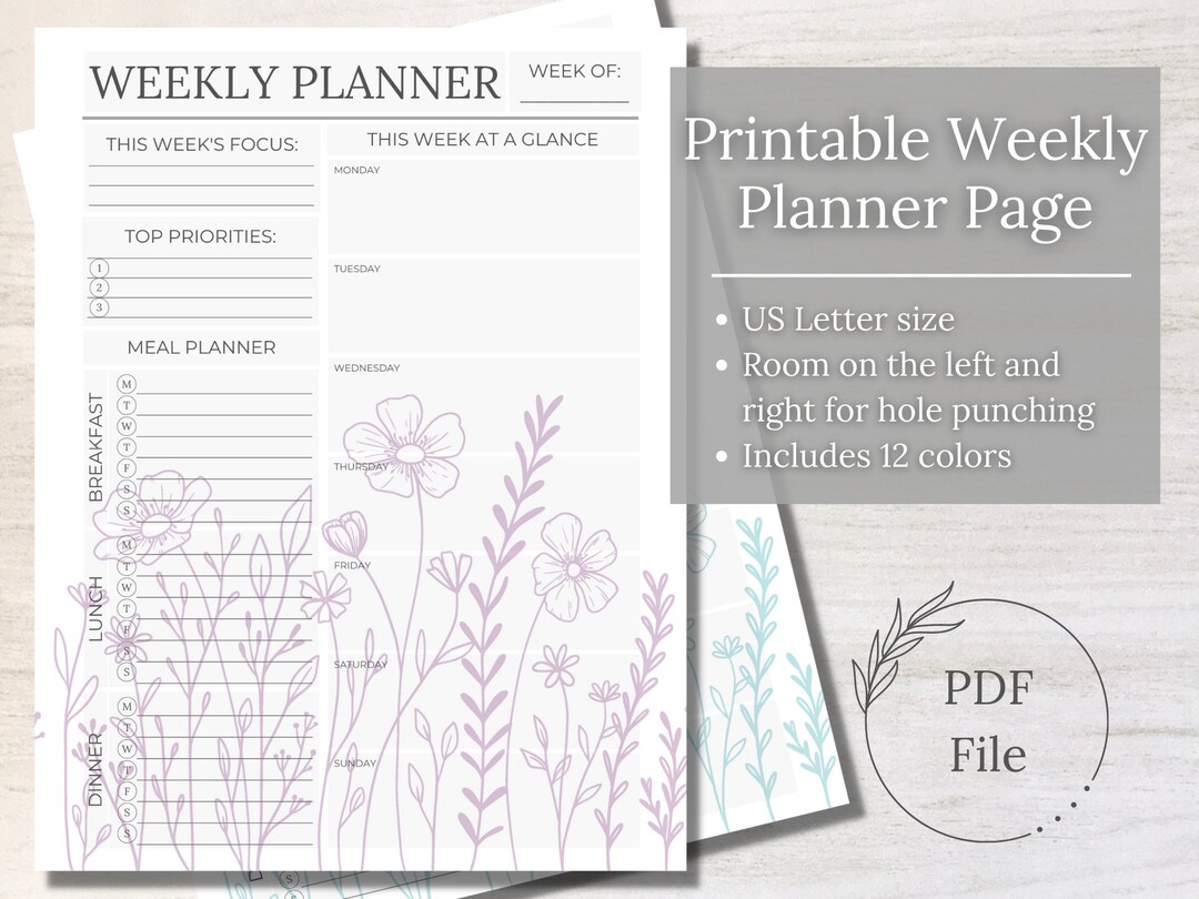 PRINTABLE Weekly Planner Pages, Work Planner, Everyday Planner, Floral ...