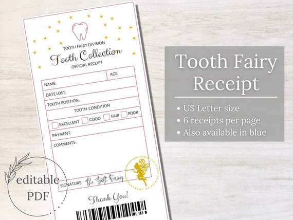 Editable Tooth Fairy Receipt Tooth Collection Receipt Pink - Etsy