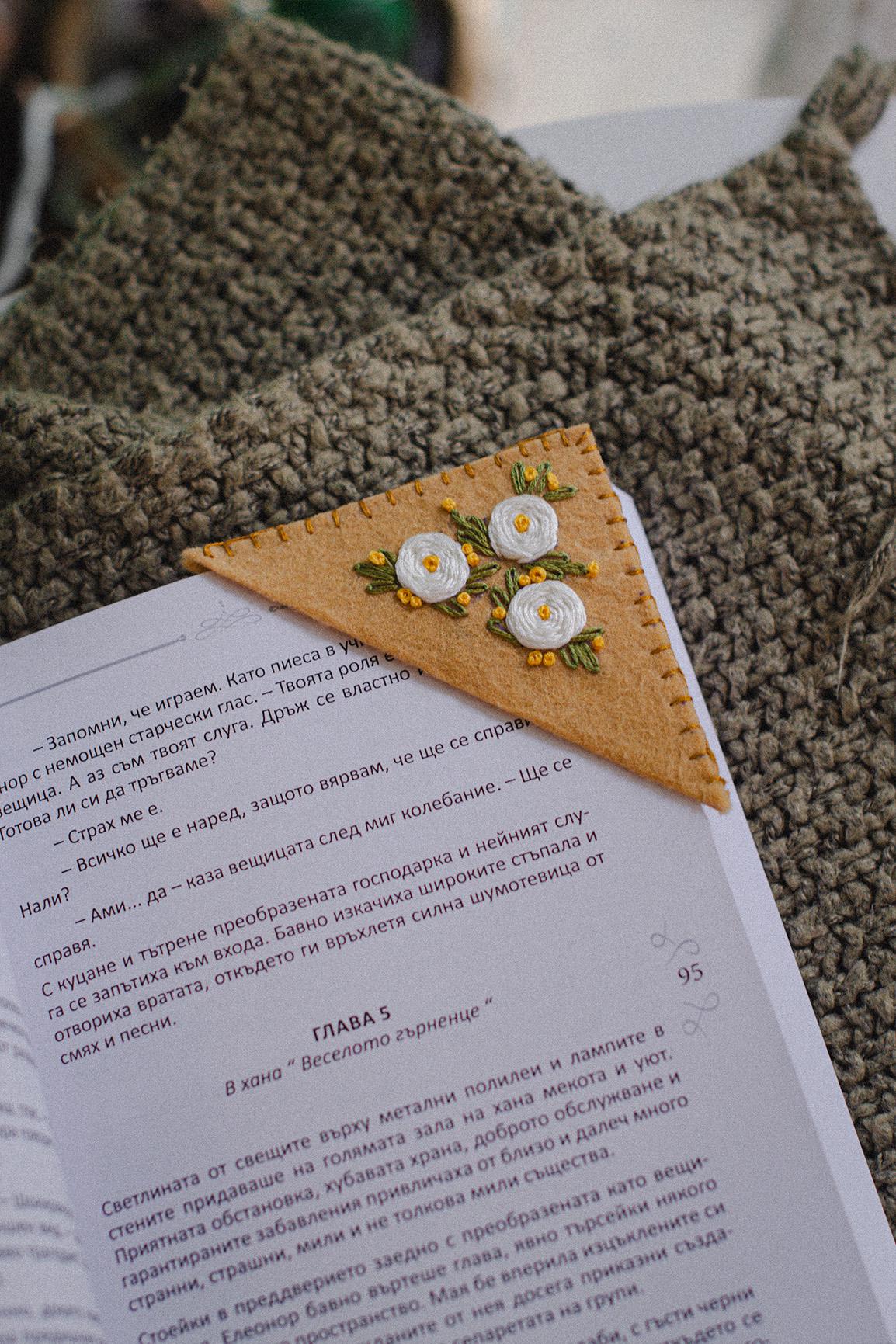 Handmade Felt Corner Bookmark With Embroidered White Flowers ...