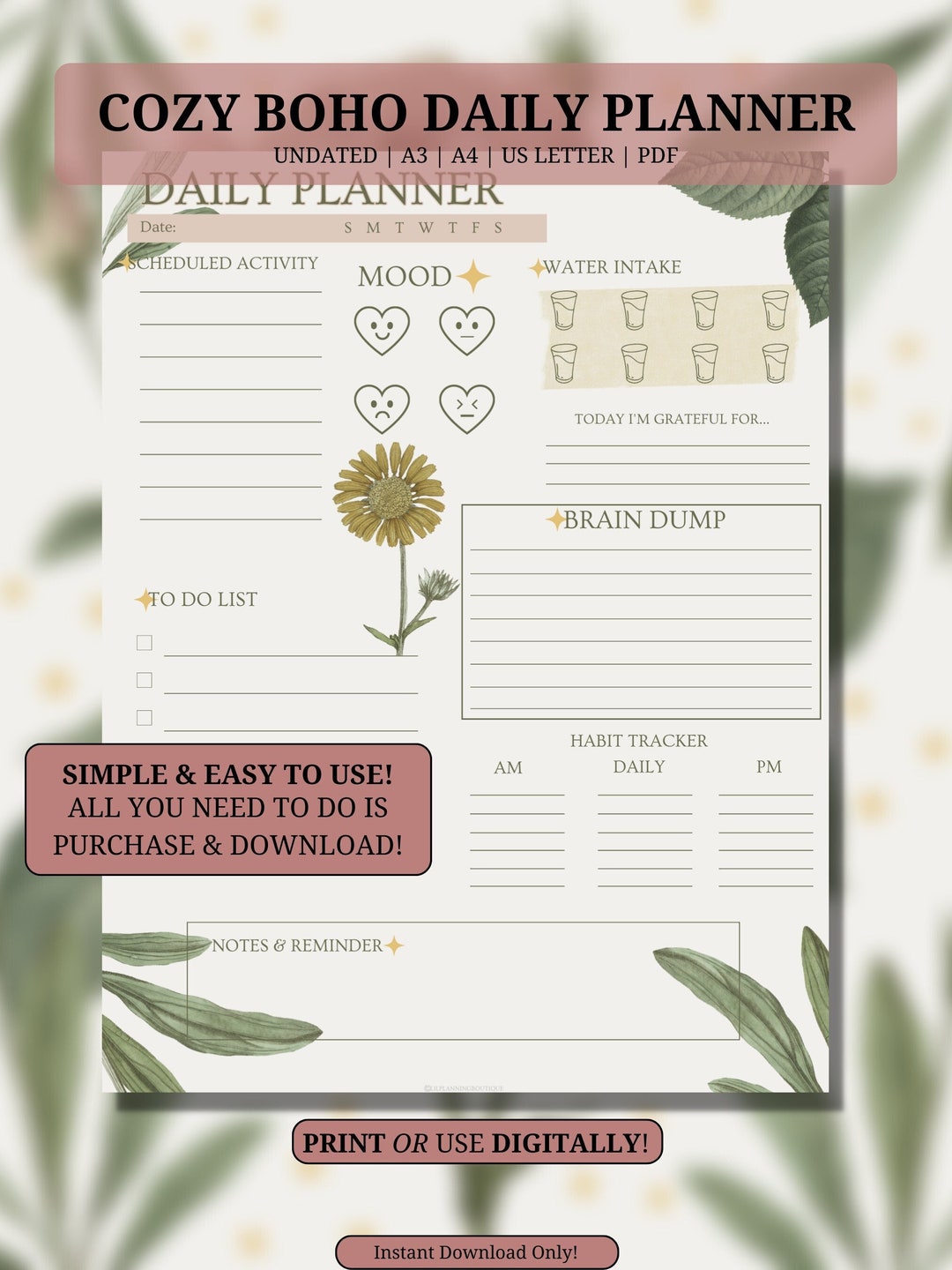 Undated Cozy Boho Plant Daily Planner | iPad Goodnotes Journal ...