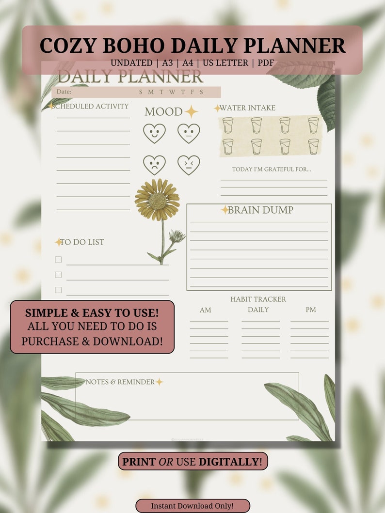 Undated Cozy Boho Plant Daily Planner | iPad Goodnotes Journal ...