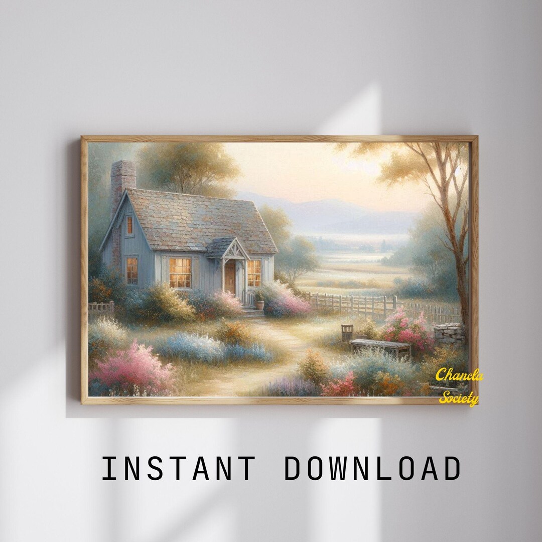 Blue Cottage Wall Art Printable | Cottagecore Farmhouse Landscape Decor ...