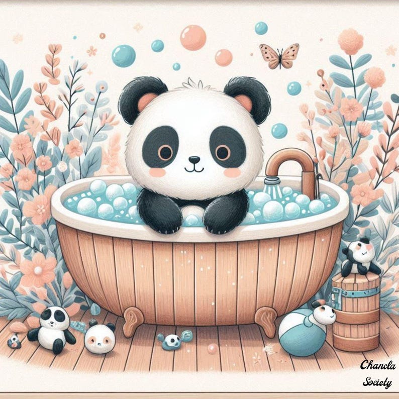 Panda Bathtime Nursery Print | Japanese Tub Animal Art (digital ...