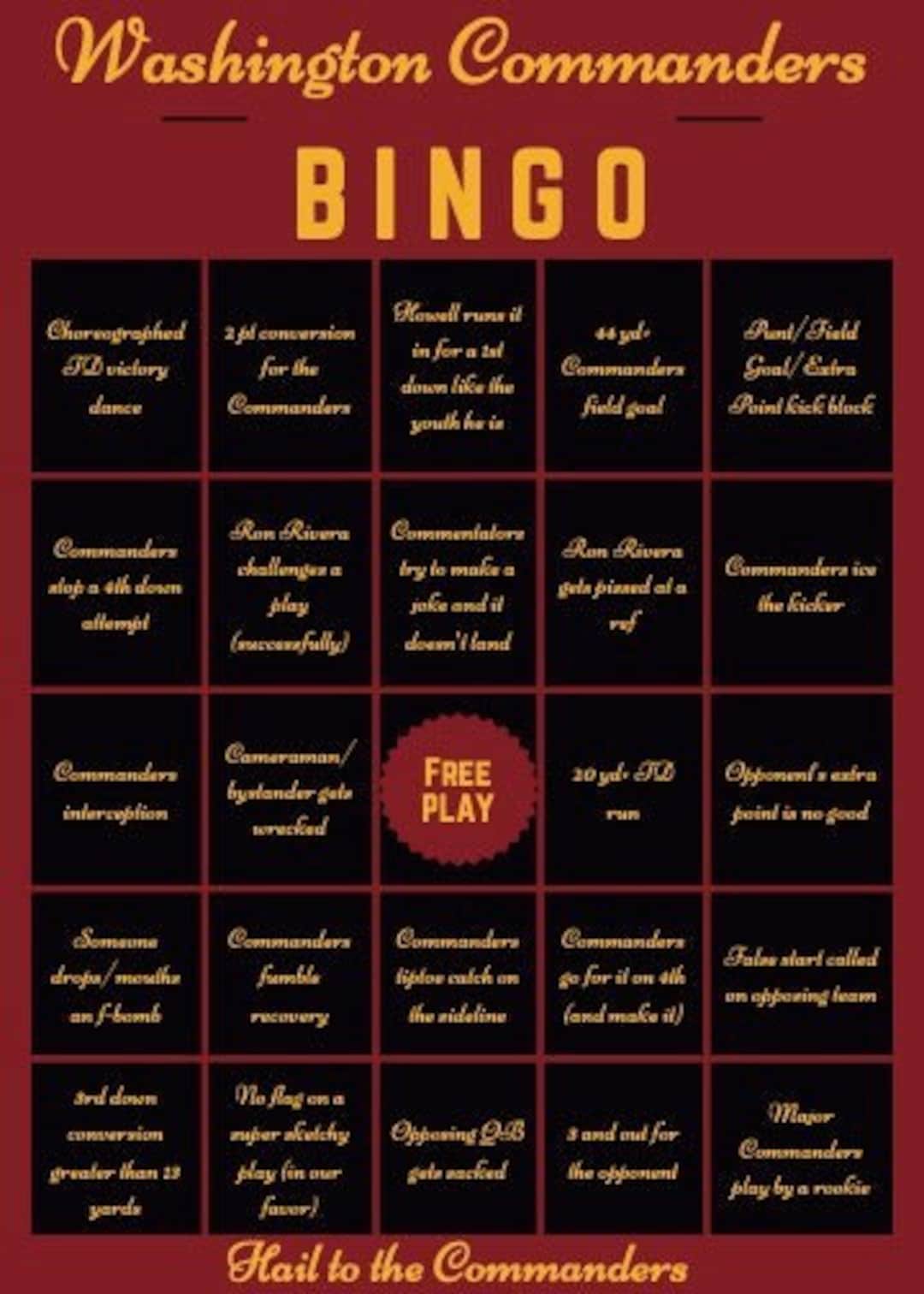 Washington Commanders Downloadable Bingo - Etsy