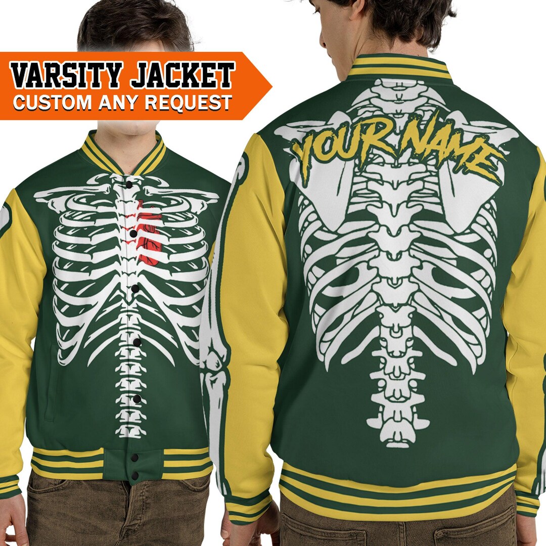 Custom Famous Skeleton Heart Halloween Green and Yellow Varsity I3 ...