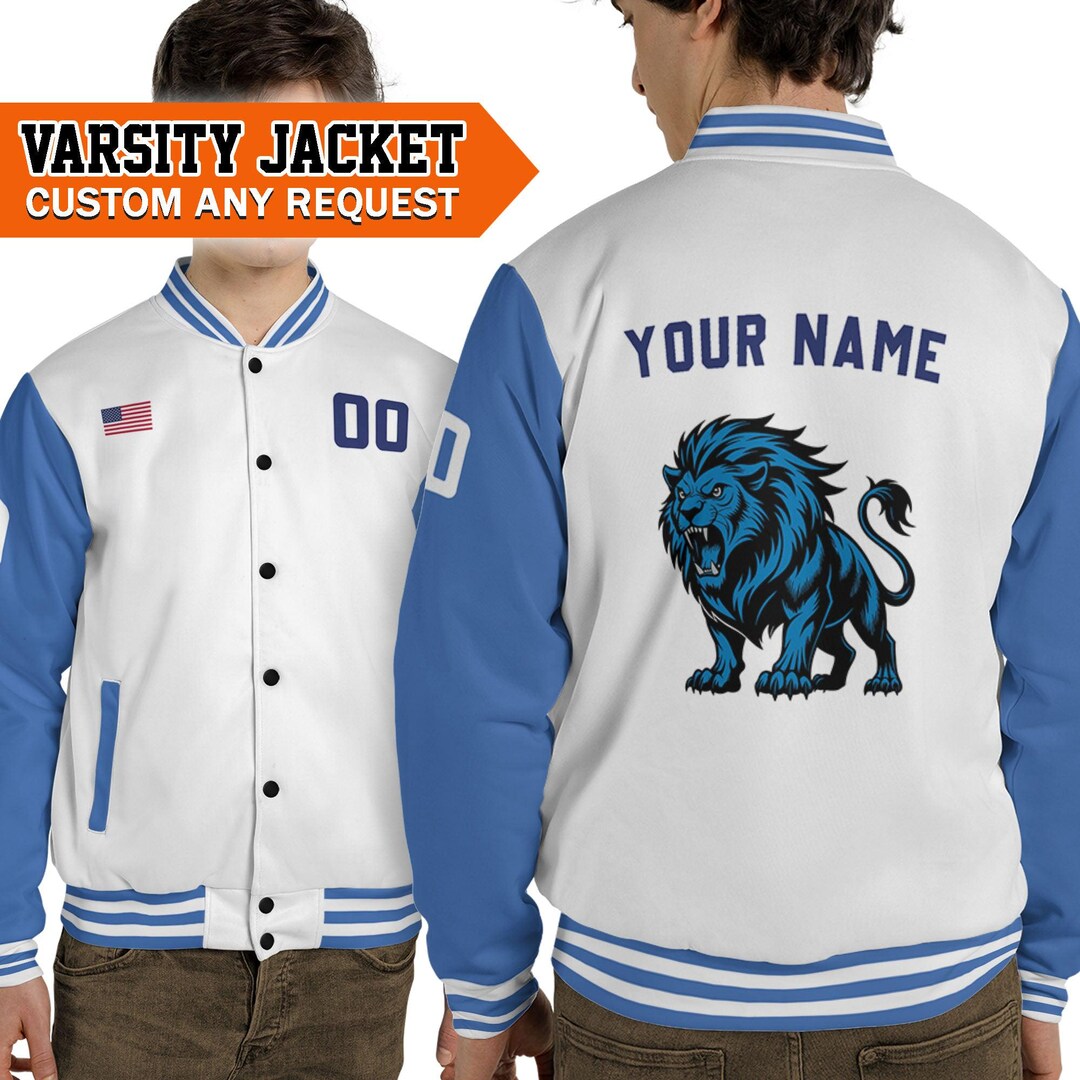 Personalized Blue & White DL Football Team I2 Varsity Jacket ...