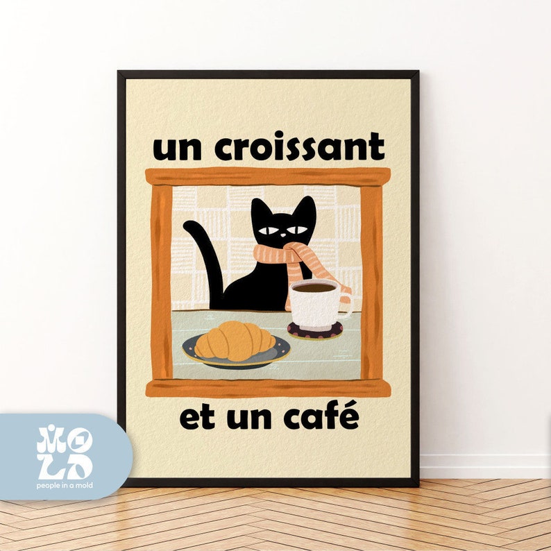 French Cat Poster, French Cafe Croissant Cat Print, Retro Drink Poster ...