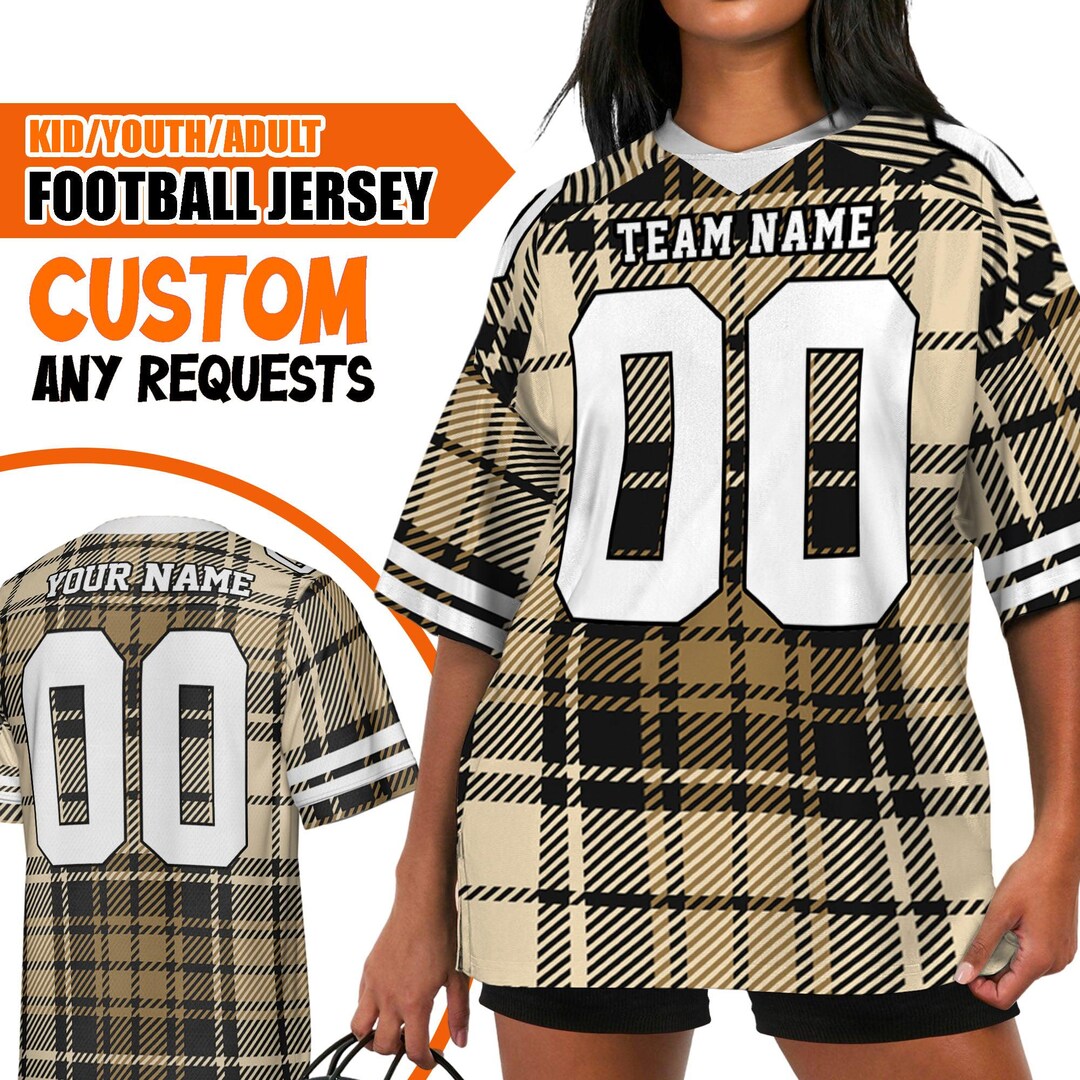 Custom Christmas Team Checkered Pattern Light Brown Kid Football Jersey ...