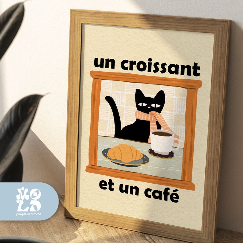 French Cat Poster, French Cafe Croissant Cat Print, Retro Drink Poster ...