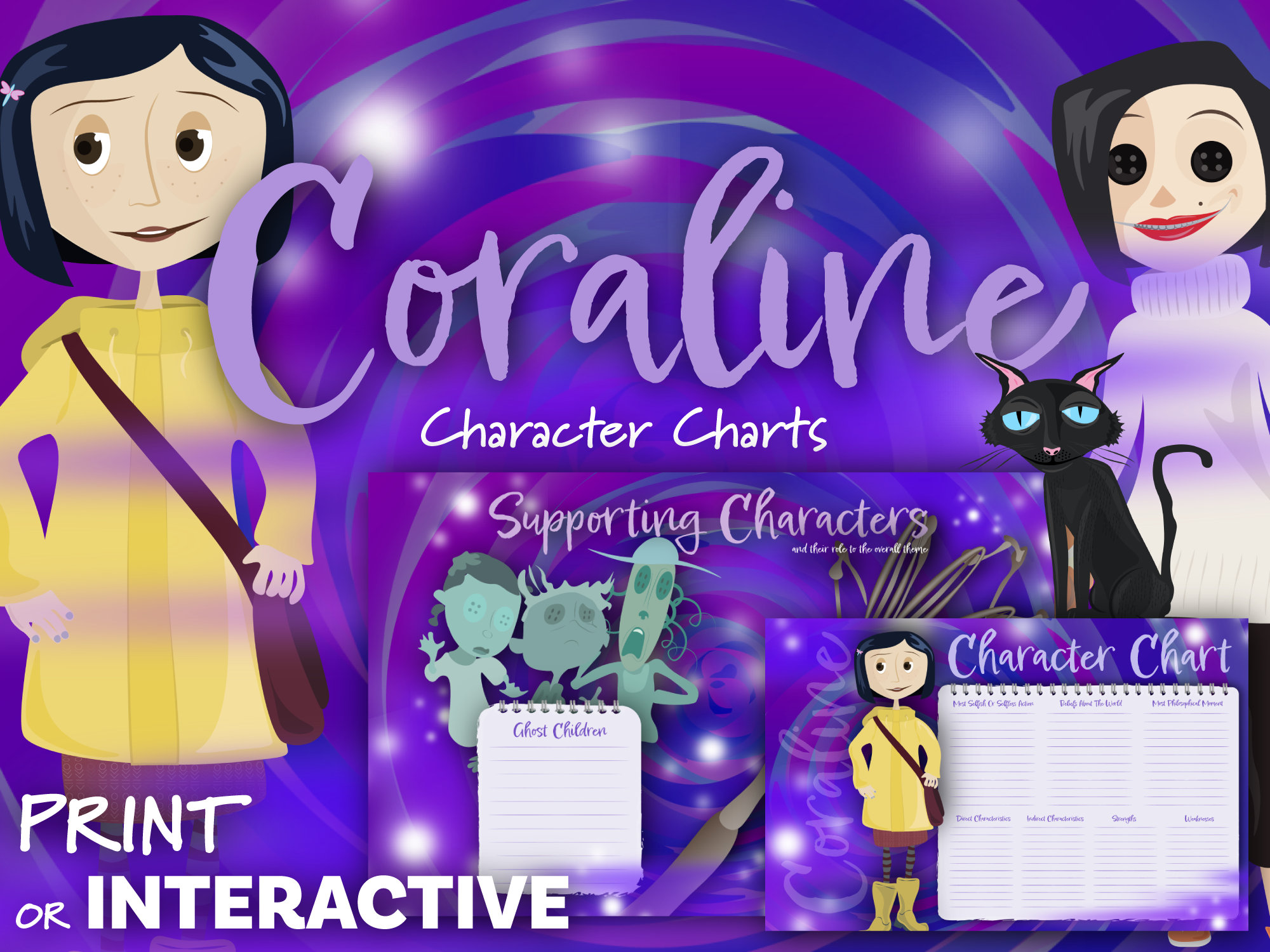 Coraline Character Charts & Hero Journey for Reading Comprehension ...