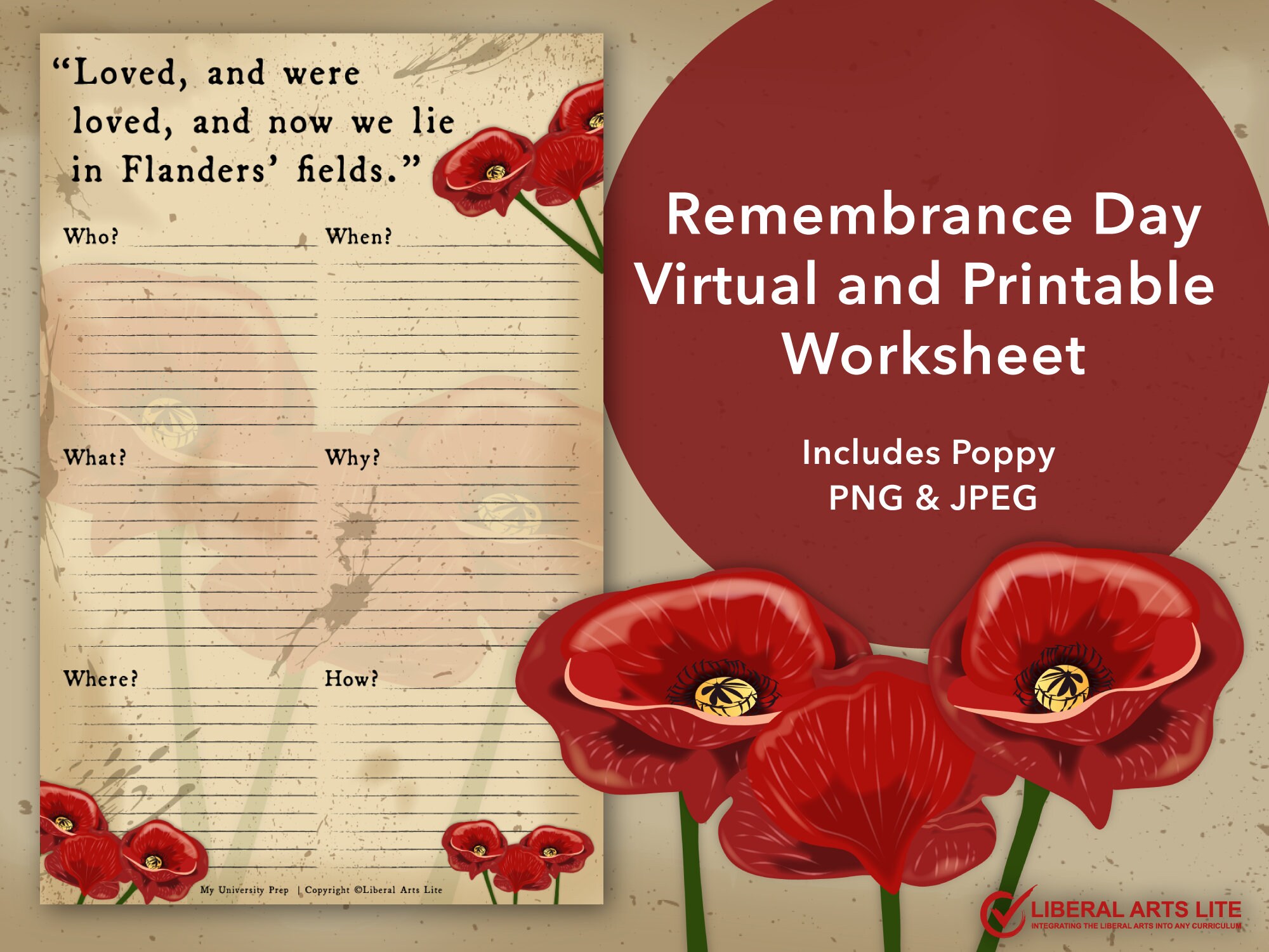 Remembrance Day Printable and Online Worksheet With Poppy PNG and JPEG ...