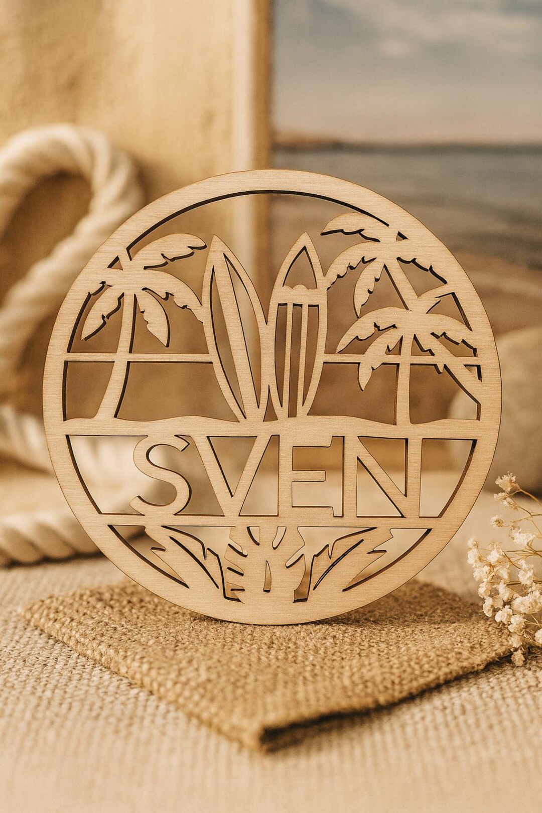 Personalized Wooden Nameplate - Design "surf & Beach" - 16cm - Nice for ...