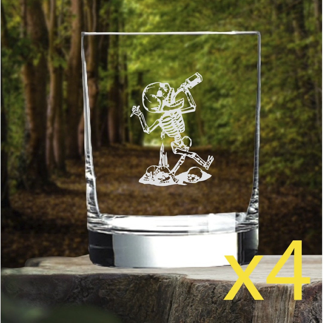 Drunk Skeleton Whiskey Glasses X4 Double 14 Oz Premium Old Fashioned ...