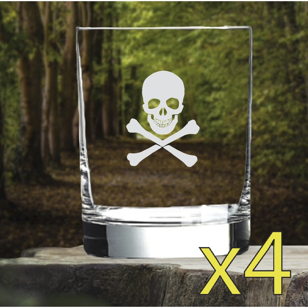 Skull Cross Bones Whiskey Glasses X4 Double 14 Oz Premium Old Fashioned ...