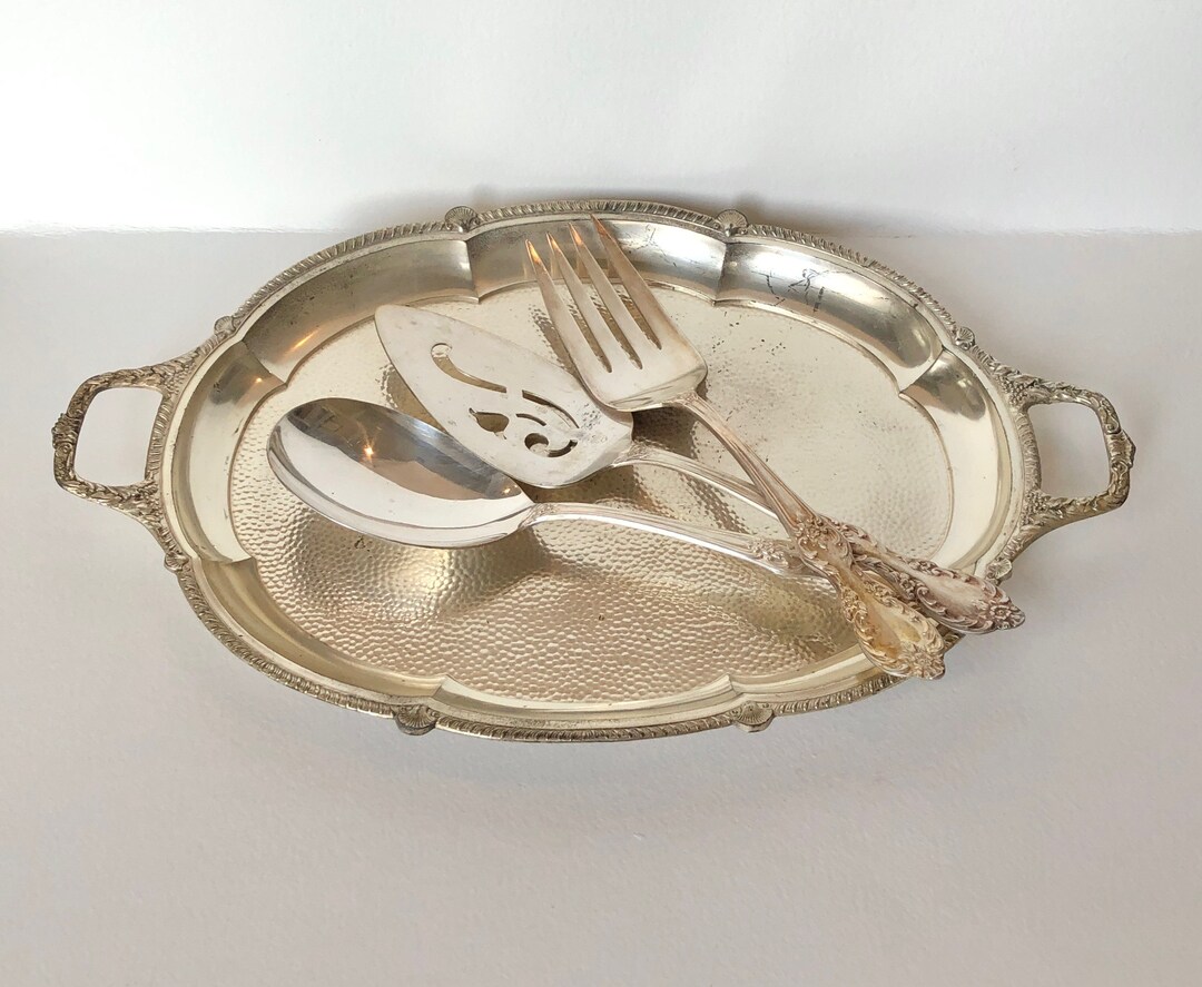 Vintage Silver Plated Serving Silverware and Platter / Vintage Silver ...