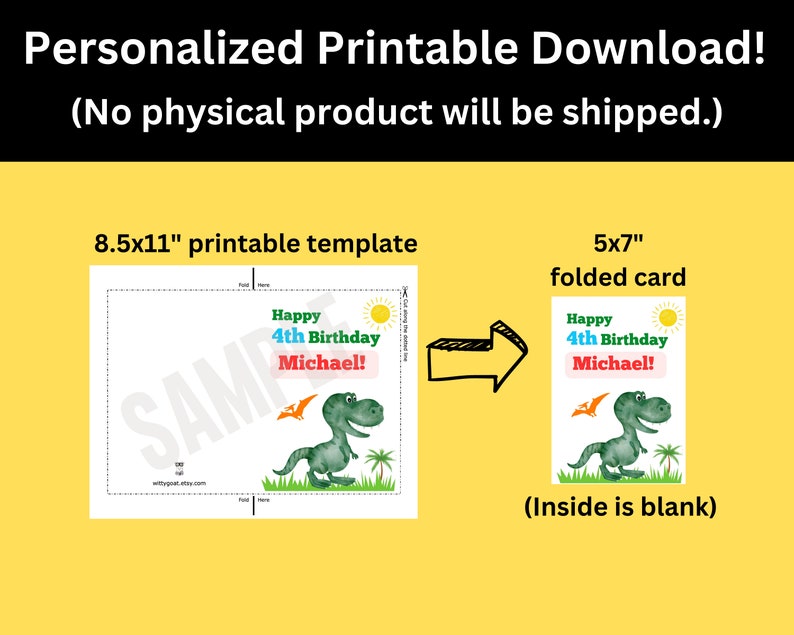 Personalized Printable Dinosaur Happy Birthday Card for Boy Custom Name ...