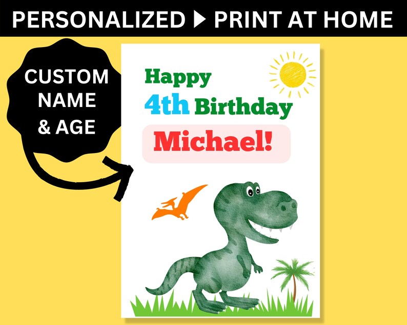 Personalized Printable Dinosaur Happy Birthday Card for Boy Custom Name ...