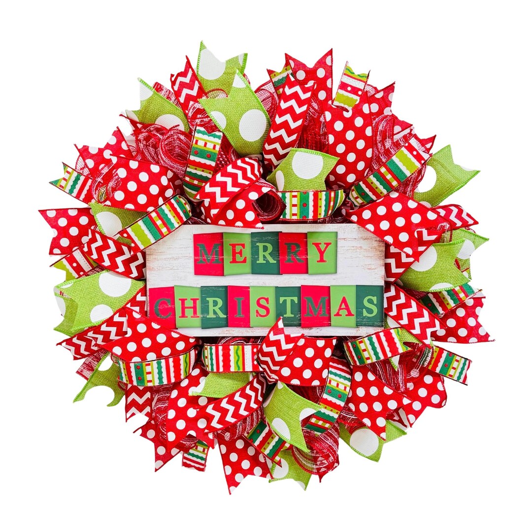 Red and Green Merry Christmas Wreath for Front Door, Holiday Door Decor ...