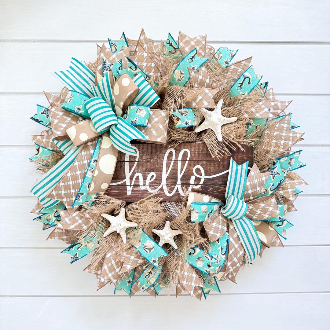 Coastal Beach Hello Wreath With Starfish, Nautical Front Door Decor ...