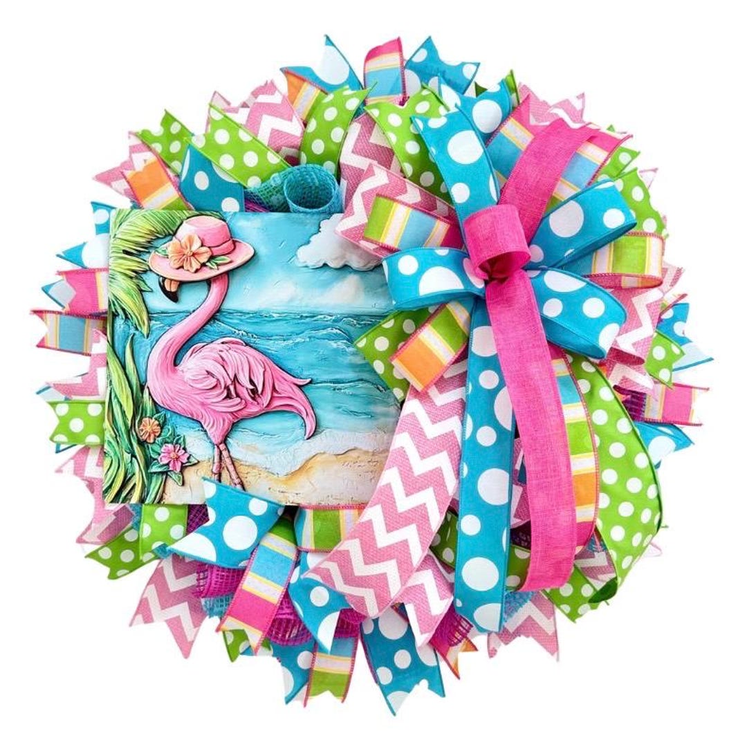 Flamingo Wreath for Front Door, Summer Wreath, Colorful Beach Themed ...
