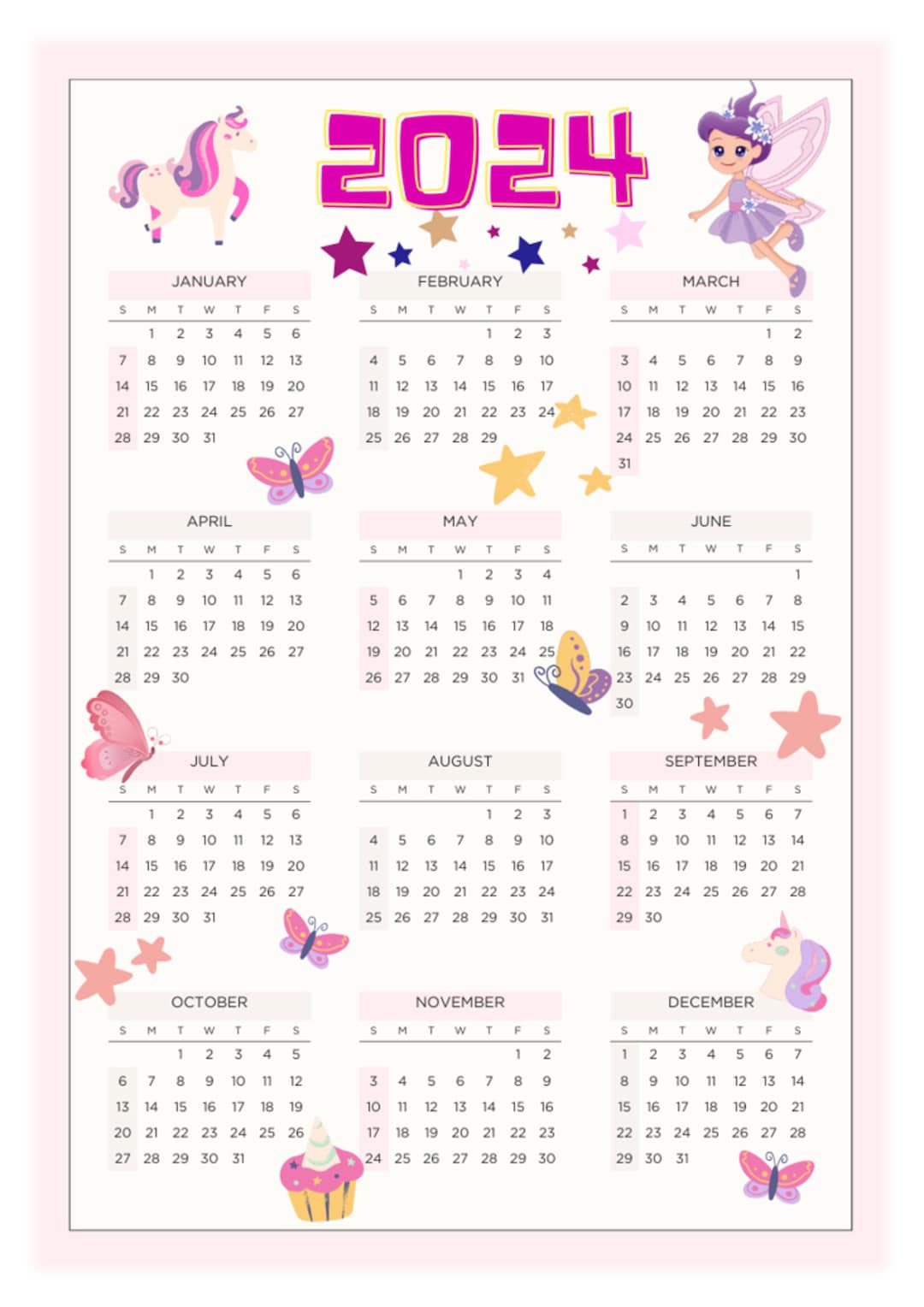 Cute Pink Calendar 2024 for Little Girls With Unicorns and Princesses ...