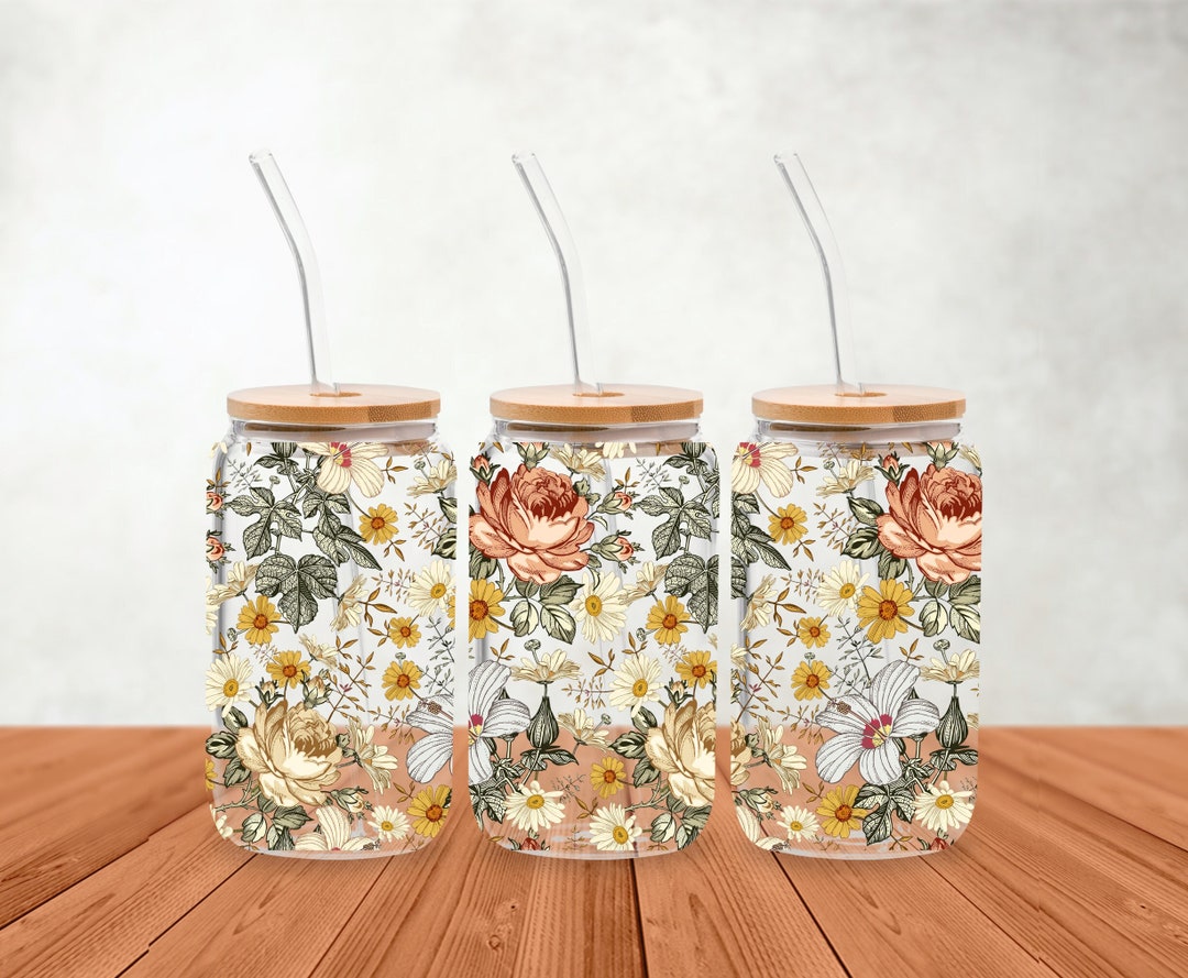 Boho Floral Crescent Moon Iced Coffee Cup Wild Flower Glass Can Tumbler ...