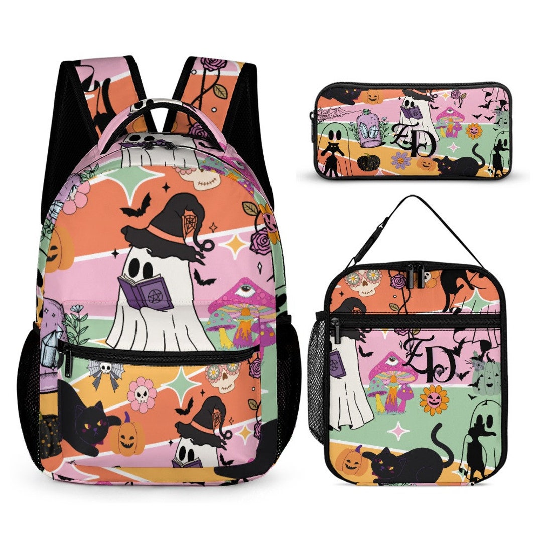 Personalized Cute Cat Ghosts School Bag Custom Name Hippie Halloween ...