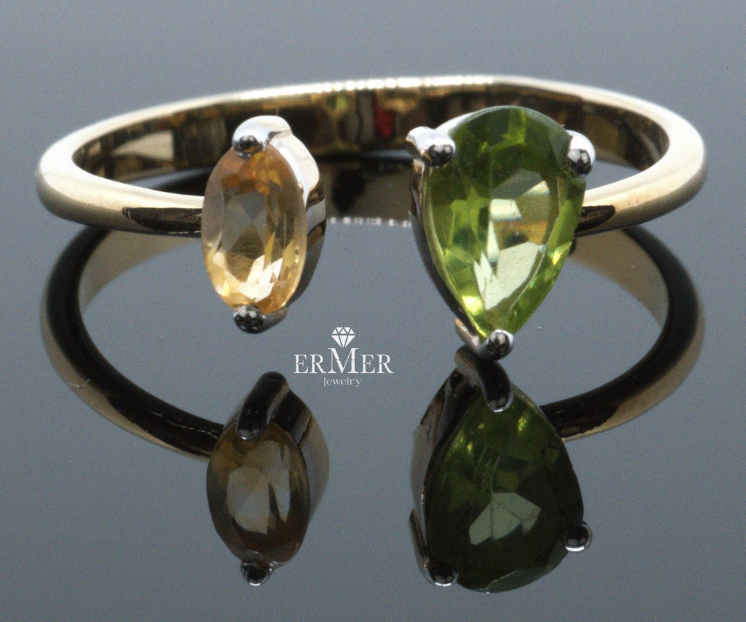 14K Yellow Gold Ring, Band With Natural Chrysolite and Citrine Stones ...