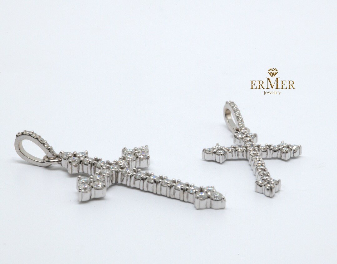 14K Solid White Gold Cross Charm/pendant With 0.4ct Moissanite Stones ...