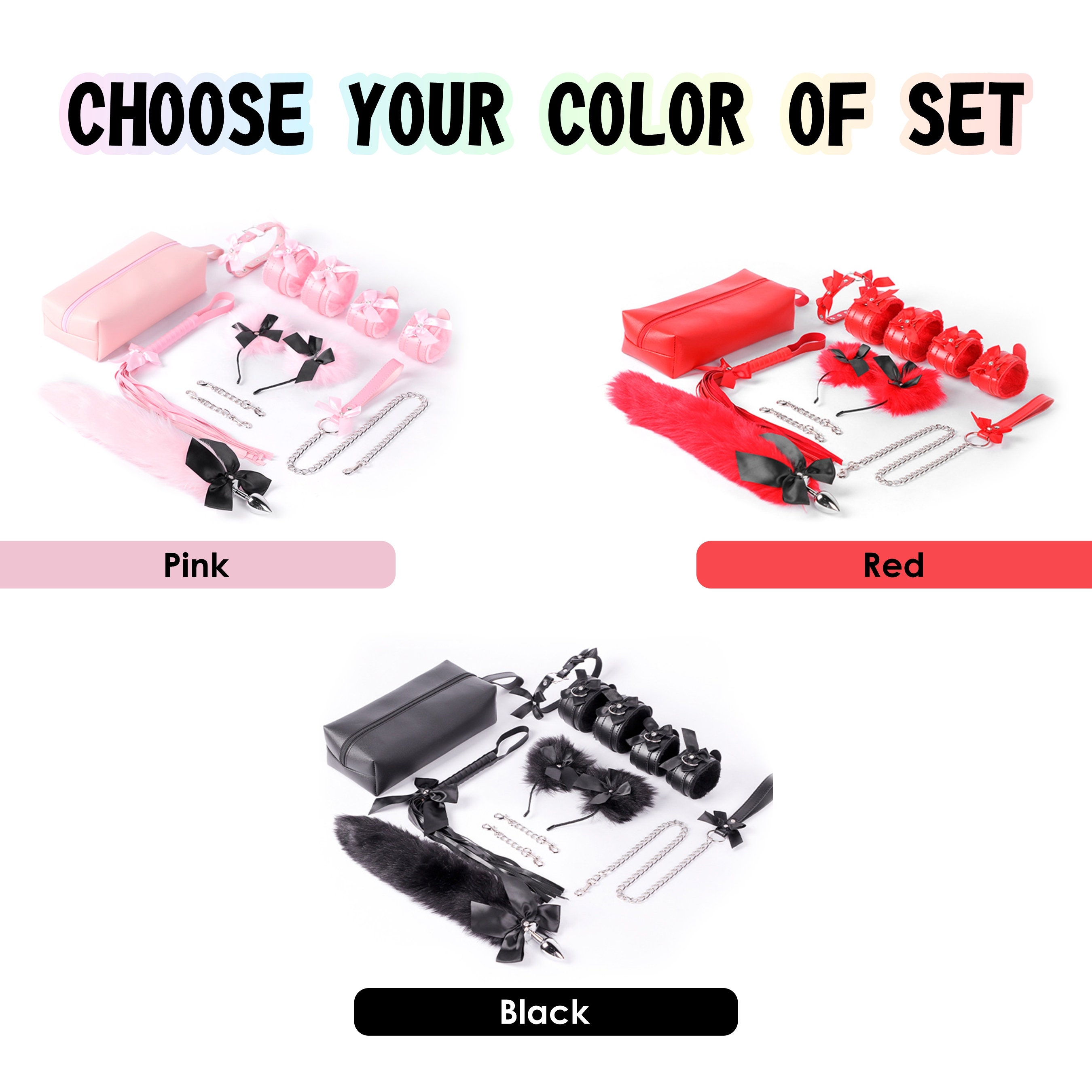 Pet Play Set, BDSM Restraint Set, Neko Ears and Tail, Collar and Leash ...