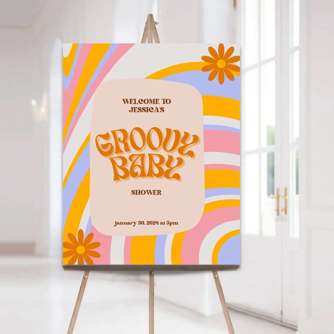 Groovy Retro Welcome Sign Baby Shower | 60s Baby Shower | Flower Retro ...