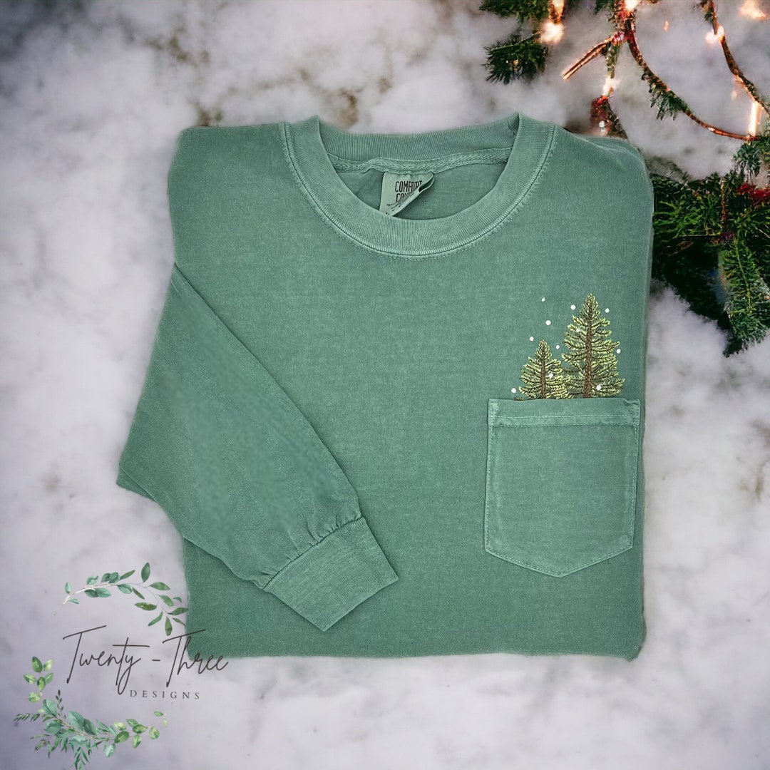 Embroidered Winter Trees Long Sleeve, Embroidered Trees, Pocket T-shirt ...