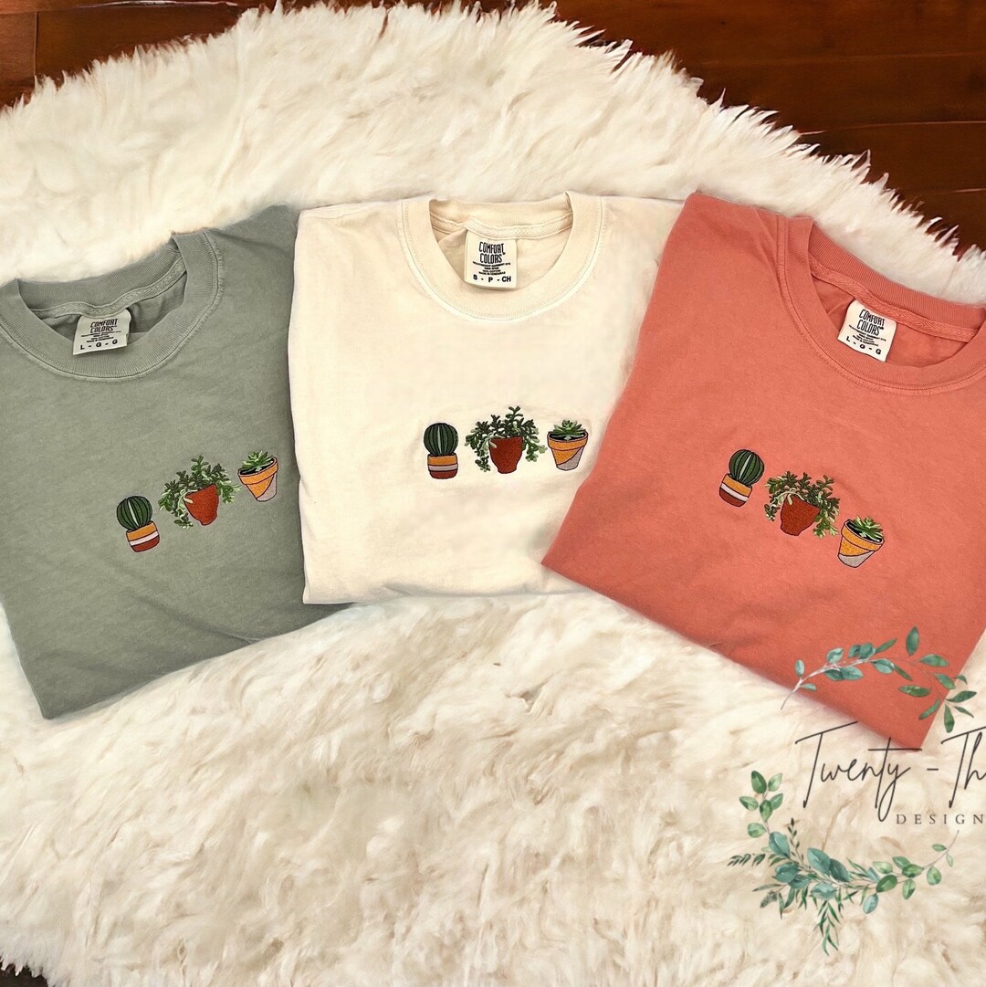 Plant Embroidered T-shirt, Potted Plants, Plant Trio, Plant Embroidery ...