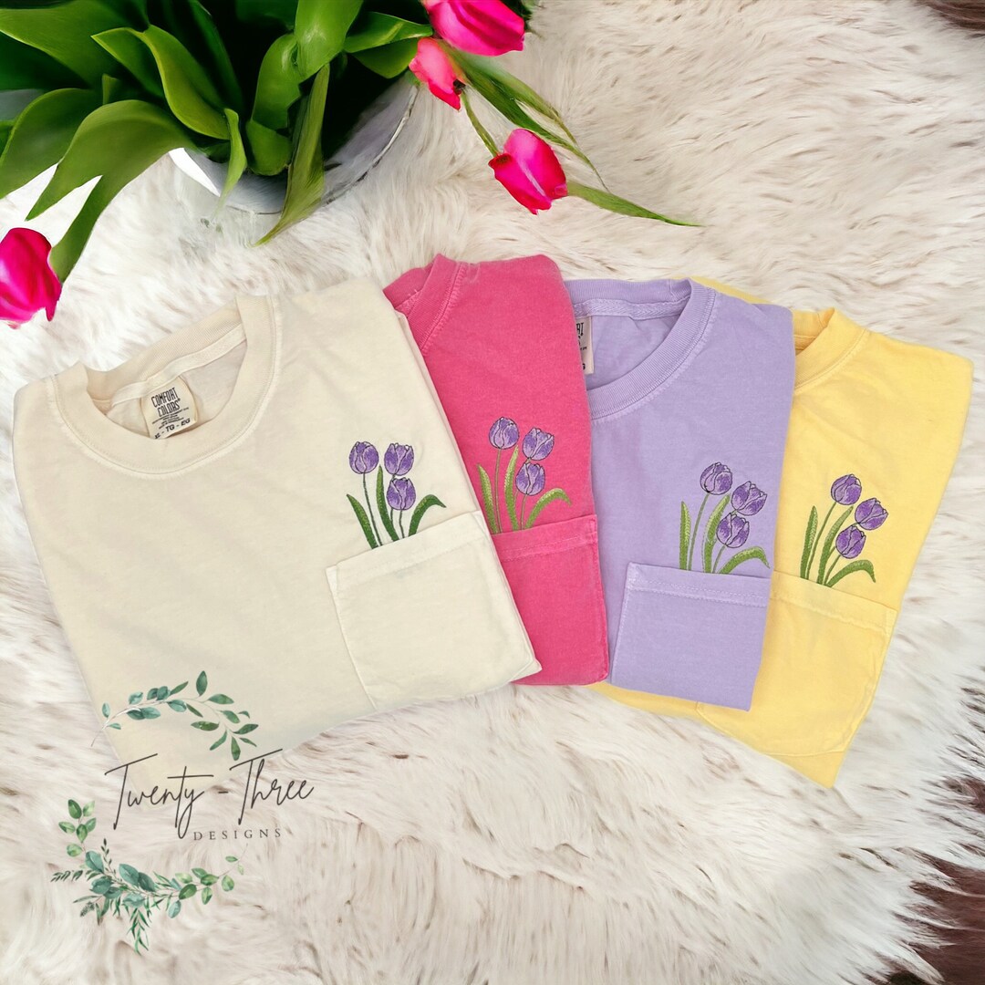 Embroidered Crewneck Tulip Pocket T-shirt, Embroidered Flower Shirt ...