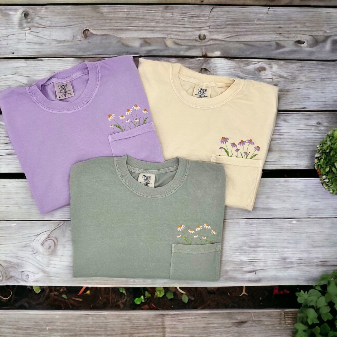 Embroidered Crewneck Daisies Pocket T-shirt, Embroidered Flower Shirt ...