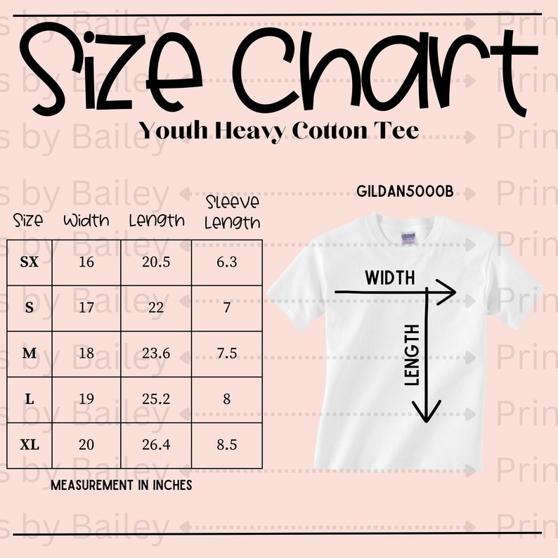 Gildan 5000B *pink* Size Chart | Heavy Cotton Tee Gildan 5000B | Youth ...