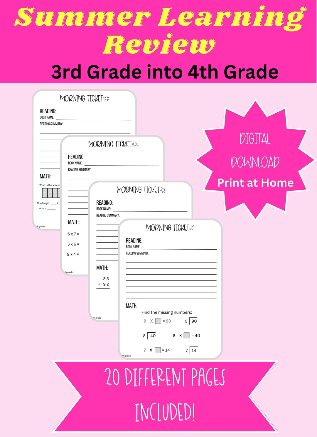Printable Summer School Work 3rd Grade to 4th Grade | Summer Learning ...