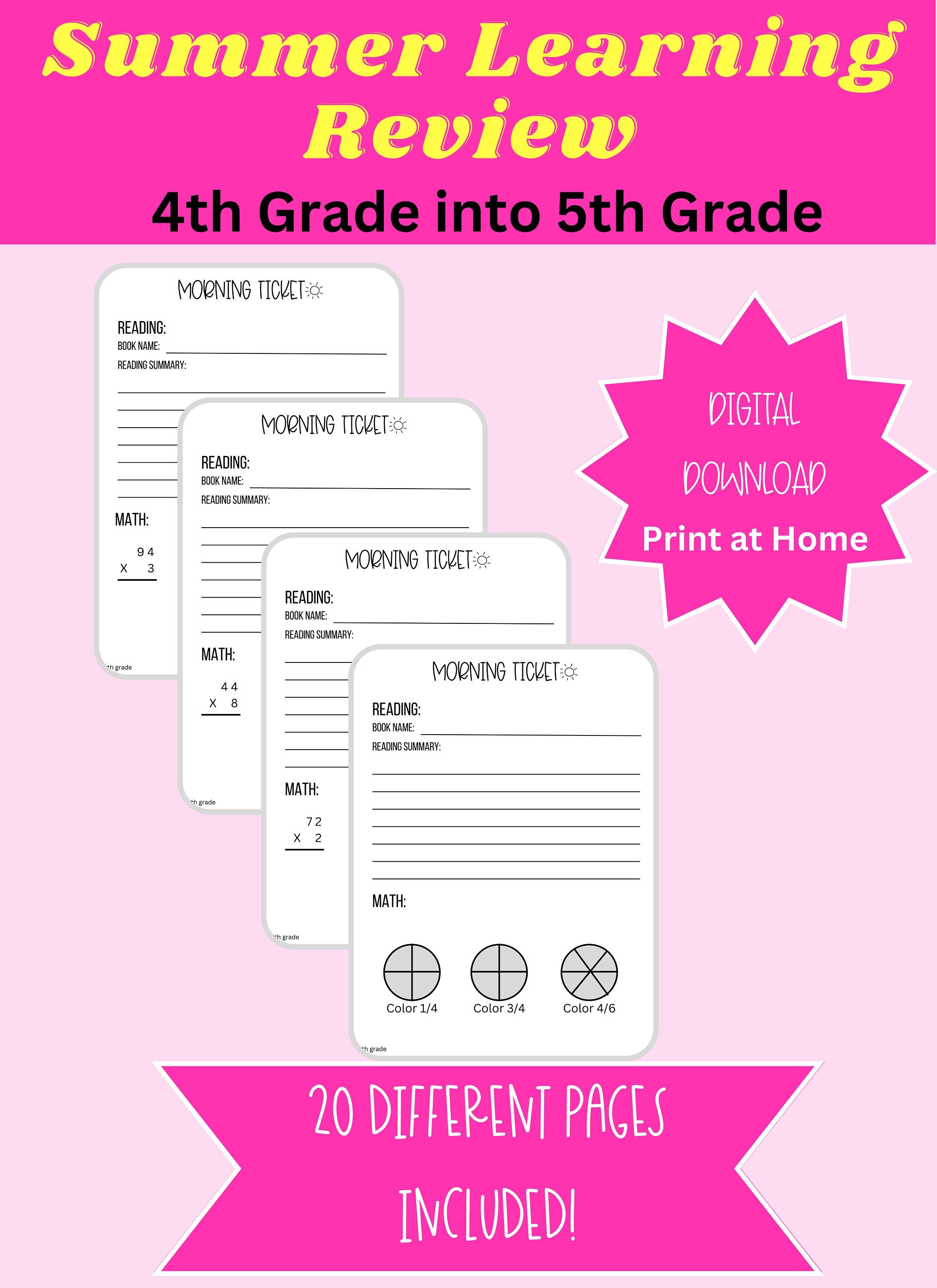 Printable Summer School Work 4th Grade to 5th Grade | Summer Learning ...