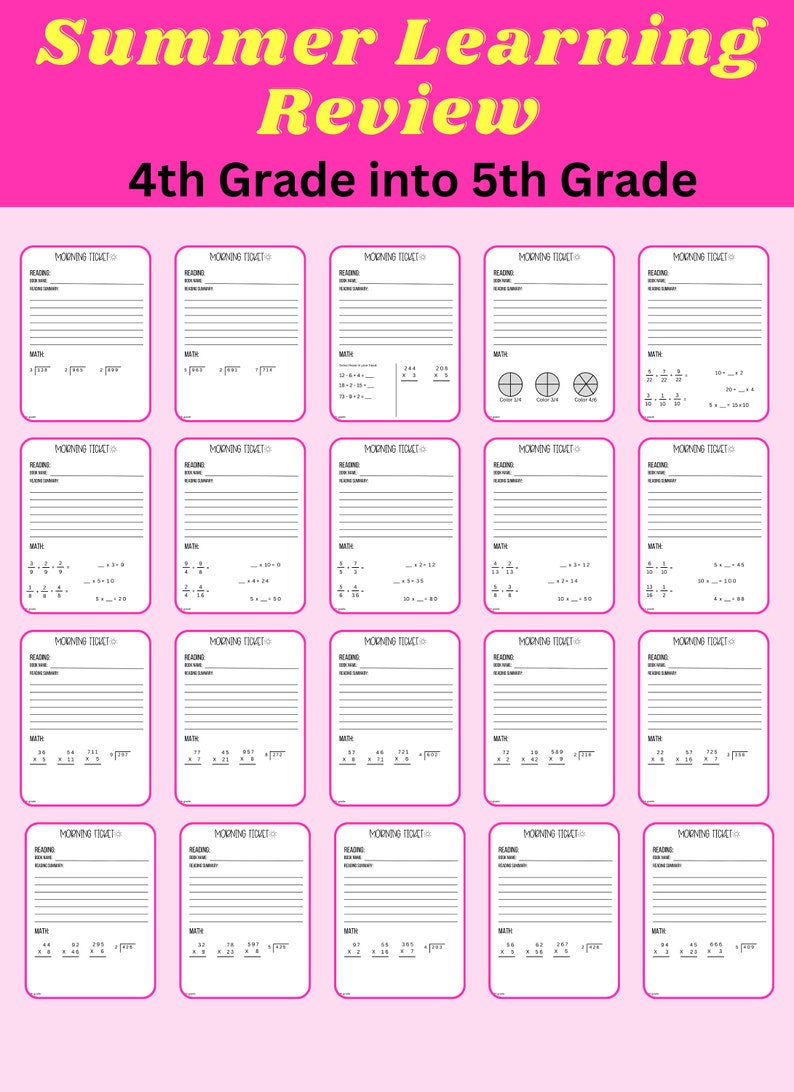 Printable Summer School Work 4th Grade to 5th Grade | Summer Learning ...