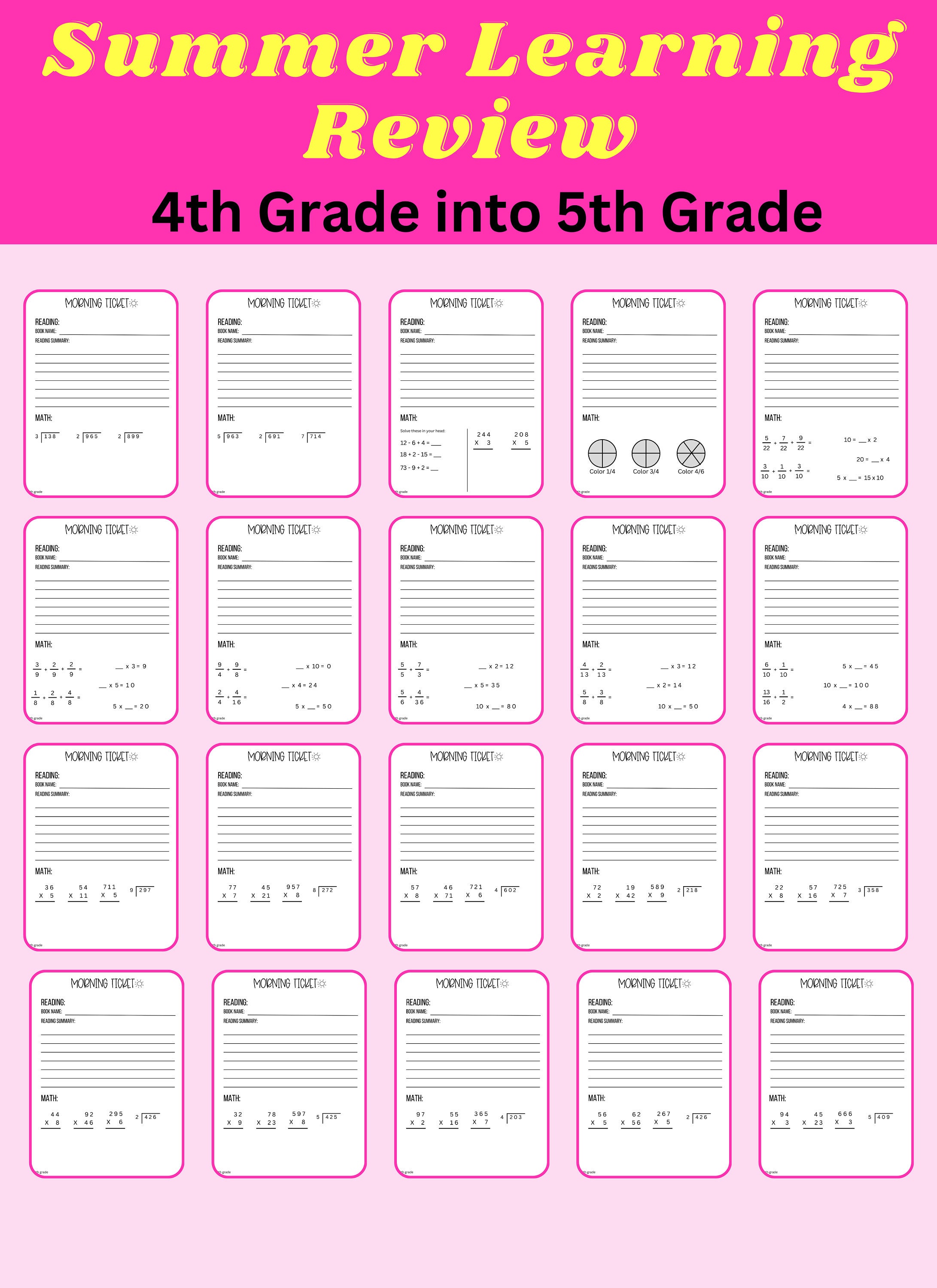 Printable Summer School Work 4th Grade to 5th Grade | Summer Learning ...