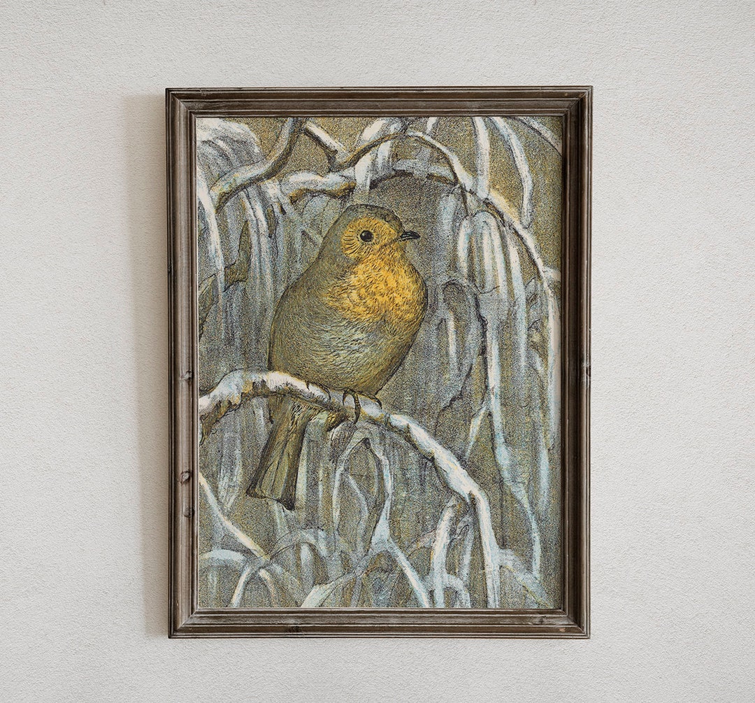 Vintage Christmas Robin Painting Printable Holiday Decor Winter Wall ...